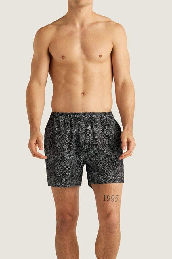 Sebastian 4” Printed Nylon Swim Trunks Black/White Micro Dot – AUTO-REPLY™
