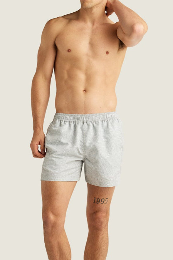 Sebastian 4” Printed Nylon Swim Trunks in Fog/White Micro Dot – AUTO-REPLY™